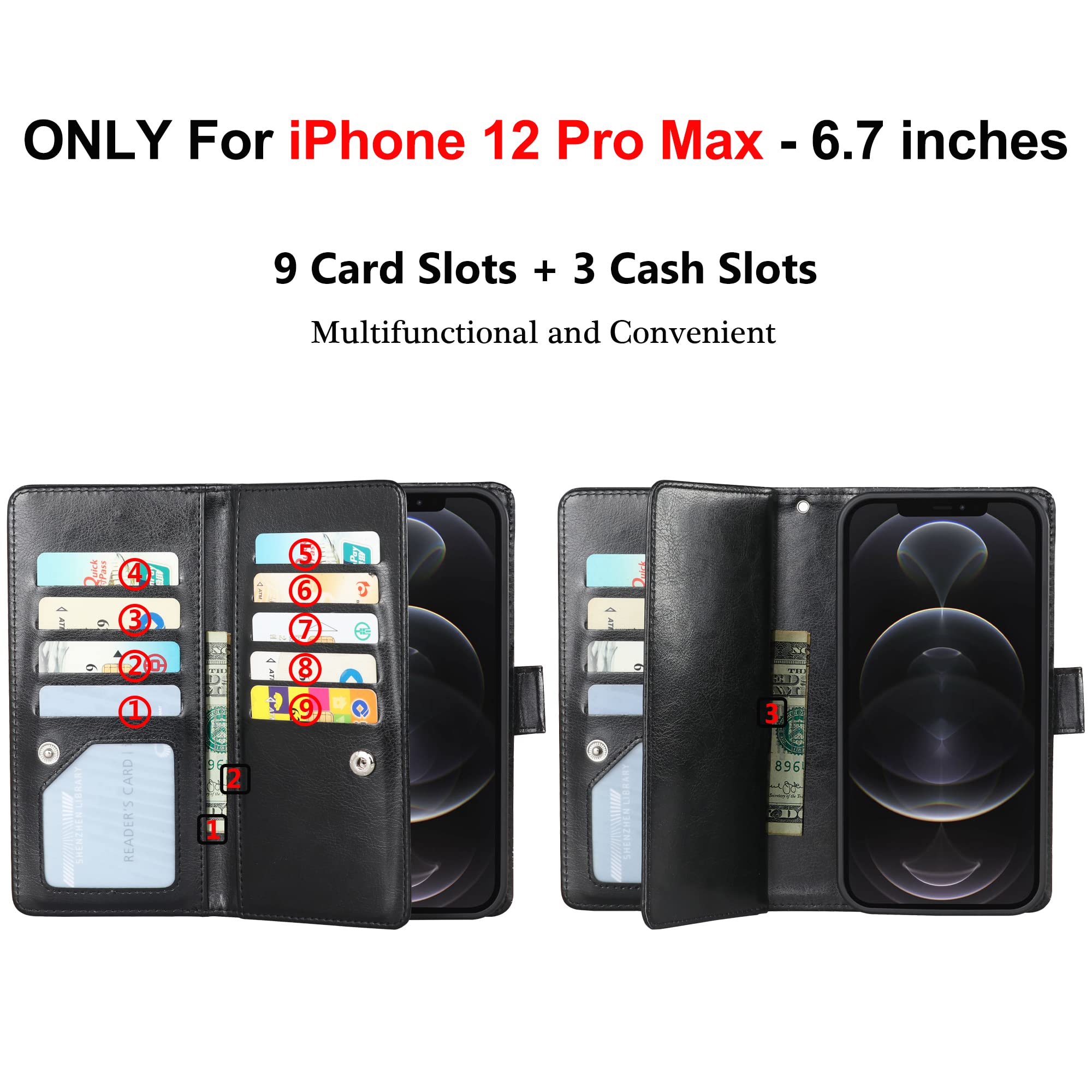 Varikke for iPhone 12 Pro Max Case Wallet, Detachable Magnetic Flip Fits iPhone 12 Pro Max Wallet Case for Women Men with Card Holder & Kickstand & Wrist Strap Glitter PU Leather Cover 6.7", Black