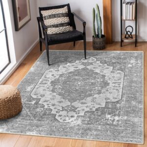 vivorug 8x10 area rugs, stain resistant washable rug for living room, boho vintage inspired (grey, 8'x10')