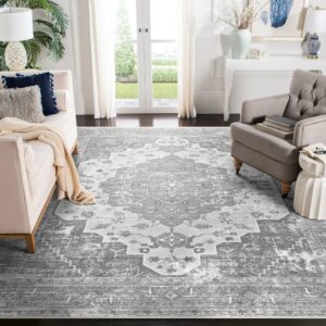 vivorug 8x10 Area Rugs, Stain Resistant Washable Rug for Living Room, Boho Vintage Inspired (Grey, 8'x10')