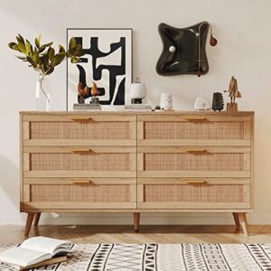 rovaurx 6 drawer double dresser for bedroom, rattan chest of dressers, modern wooden dresser chest with golden handles, beside table for closet, living room and entryway, natural rdg001m