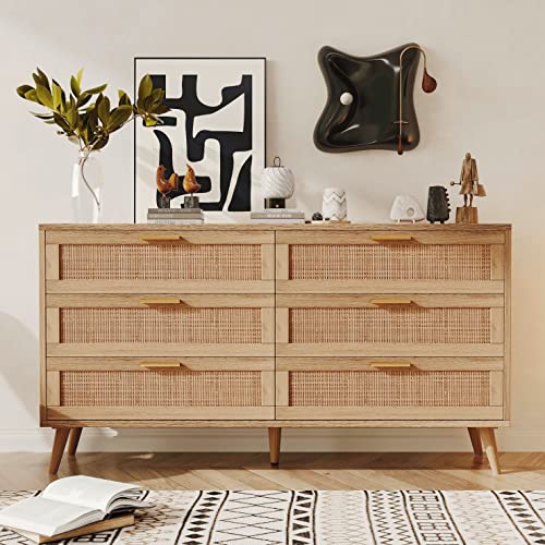 Rovaurx 6 Drawer Double Dresser for Bedroom, Rattan Chest of Dressers, Modern Wooden Dresser Chest with Golden Handles, Beside Table for Closet, Living Room and Entryway, Natural RDG001M