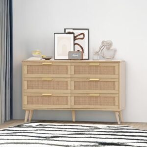 Rovaurx 6 Drawer Double Dresser for Bedroom, Rattan Chest of Dressers, Modern Wooden Dresser Chest with Golden Handles, Beside Table for Closet, Living Room and Entryway, Natural RDG001M