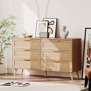 Rovaurx 6 Drawer Double Dresser for Bedroom, Rattan Chest of Dressers, Modern Wooden Dresser Chest with Golden Handles, Beside Table for Closet, Living Room and Entryway, Natural RDG001M