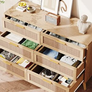 Rovaurx 6 Drawer Double Dresser for Bedroom, Rattan Chest of Dressers, Modern Wooden Dresser Chest with Golden Handles, Beside Table for Closet, Living Room and Entryway, Natural RDG001M