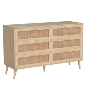 Rovaurx 6 Drawer Double Dresser for Bedroom, Rattan Chest of Dressers, Modern Wooden Dresser Chest with Golden Handles, Beside Table for Closet, Living Room and Entryway, Natural RDG001M