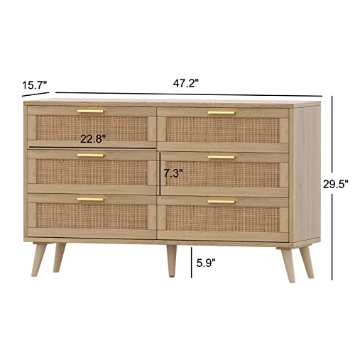 Rovaurx 6 Drawer Double Dresser for Bedroom, Rattan Chest of Dressers, Modern Wooden Dresser Chest with Golden Handles, Beside Table for Closet, Living Room and Entryway, Natural RDG001M