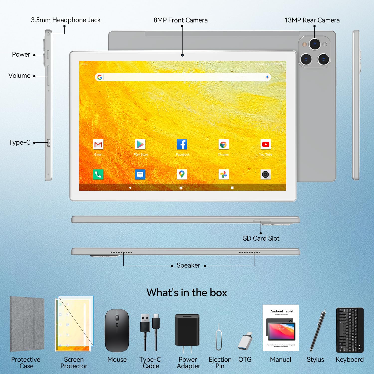 Tablet 2024 Newest Android 12 Tablet 128GB + 16GB (8+8 Expand) Large Storage, 2 in 1 Tablet with Keyboard, Octa-Core Processor, Tablet 10 Inch Screen, 5G WIFI Tablet Bluetooth/Mouse/Case/13MP Camera