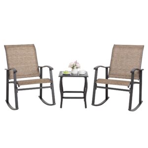 shintenchi 3 piece rocking bistro set, outdoor furniture with rocker chairs and glass coffee table set of 3, balcony, porch furniture for small space, brown