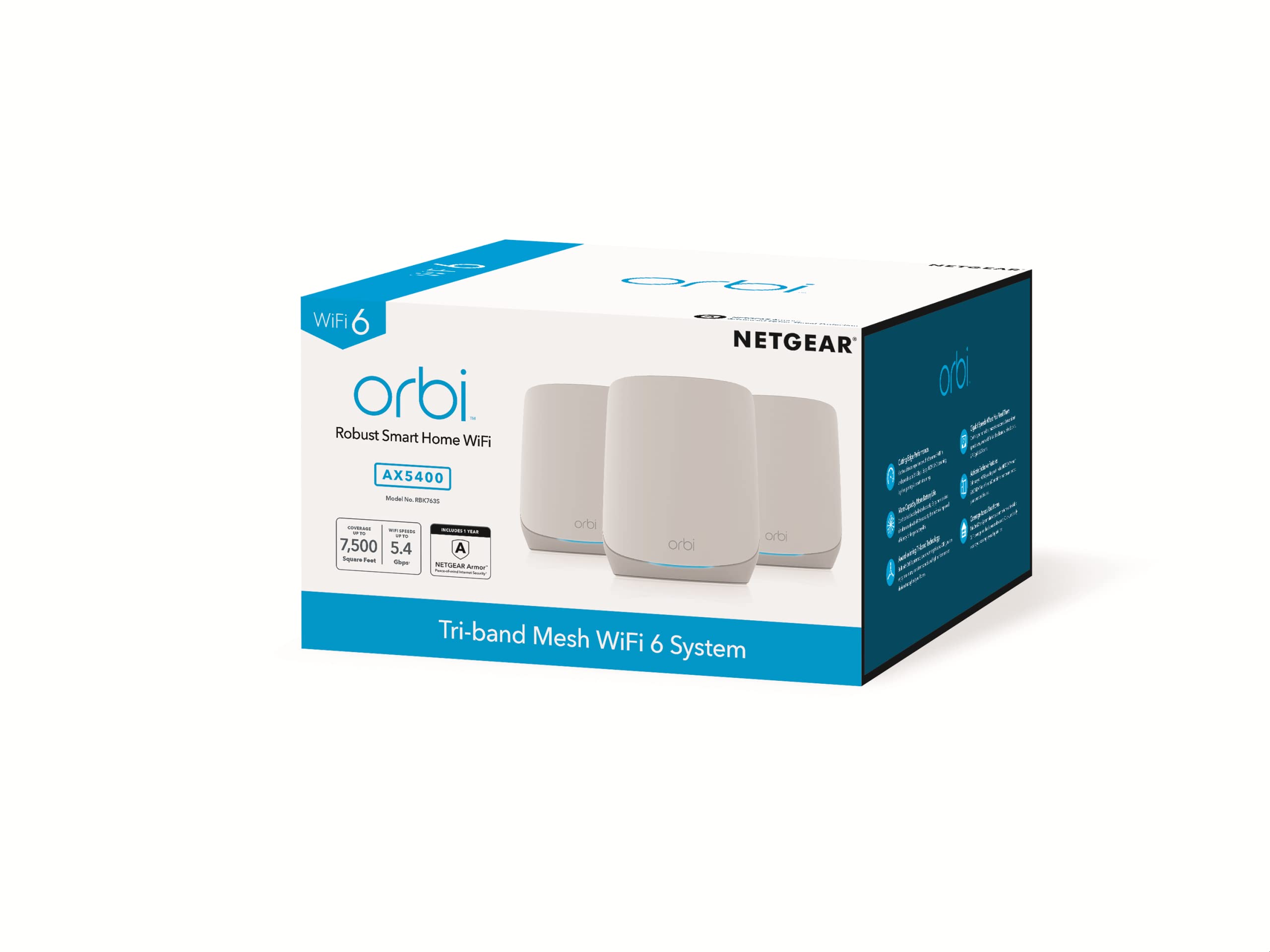 Netgear Orbi RBK763-100NAR AX5400 Tri-band WiFi 6 Mesh System, 5.4Gbps, Router and 2 Satellites (Renewed)