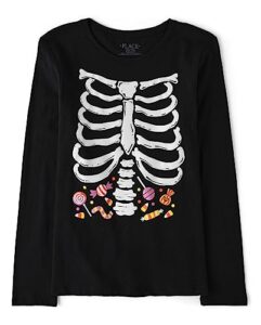 the children's place girls' all holidays long sleeve graphic t-shirts, halloween skeleton candy-glow, medium