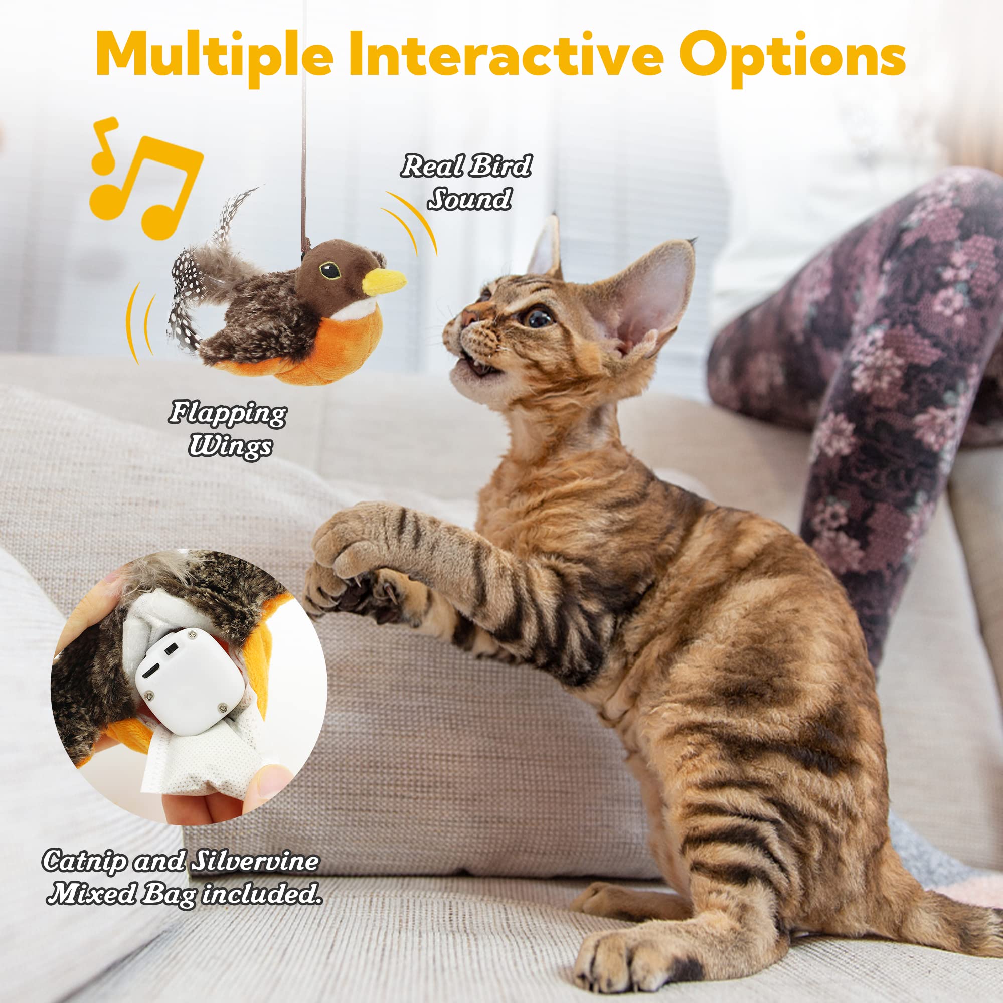 PETFUTURE Cat Toys for Bored Indoor Cats, Cat Bat Wings with Catnip Cats, USB Rechargeable Motion Activated Kitten Toys, Interactive Flapping and Chirping Bird Cat Toy