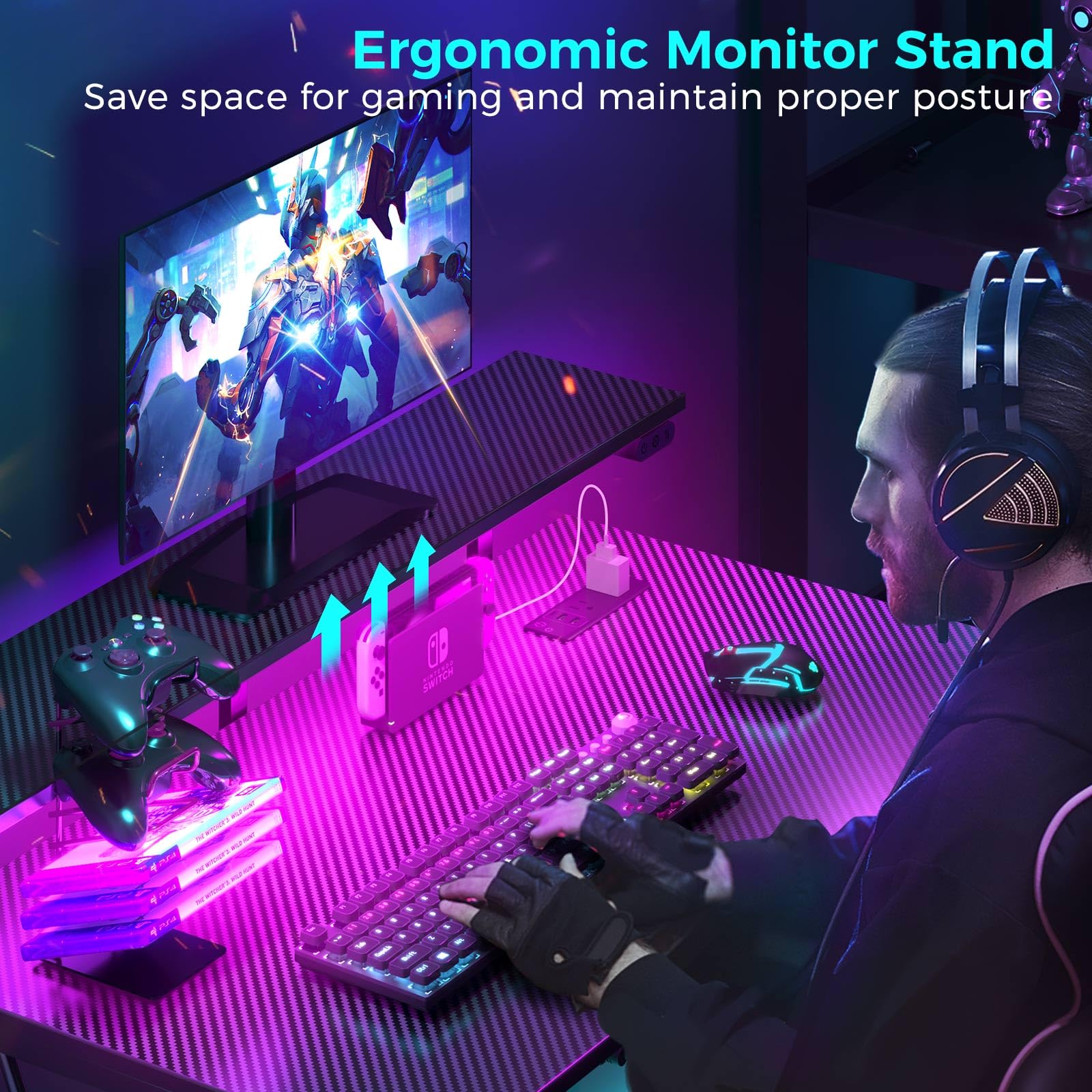 SEVEN WARRIOR Gaming Desk with LED Lights & Power Outlets, 31.5" Computer Desk with Monitor Shelf, Home Office Desk with Cup Holder and Headphone Hook, Ergonomic, Carbon Fiber Surface Black