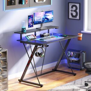 SEVEN WARRIOR Gaming Desk with LED Lights & Power Outlets, 31.5" Computer Desk with Monitor Shelf, Home Office Desk with Cup Holder and Headphone Hook, Ergonomic, Carbon Fiber Surface Black