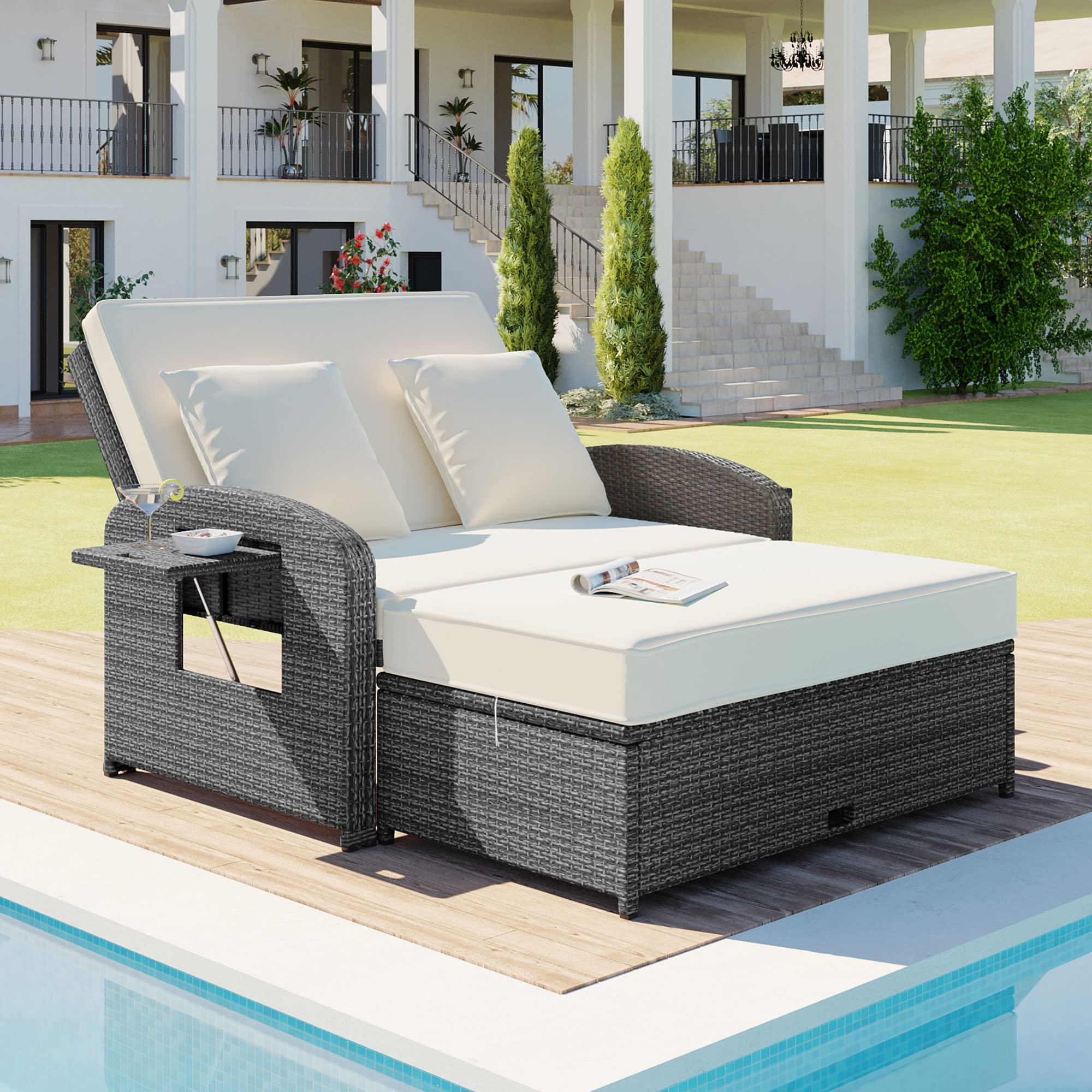 Outdoor Rattan Double Chaise Lounge, 2-Person Reclining Daybed with Adjustable Back and Cup Tray, Sunbed for Garden Yard Patio (White/2-Person)