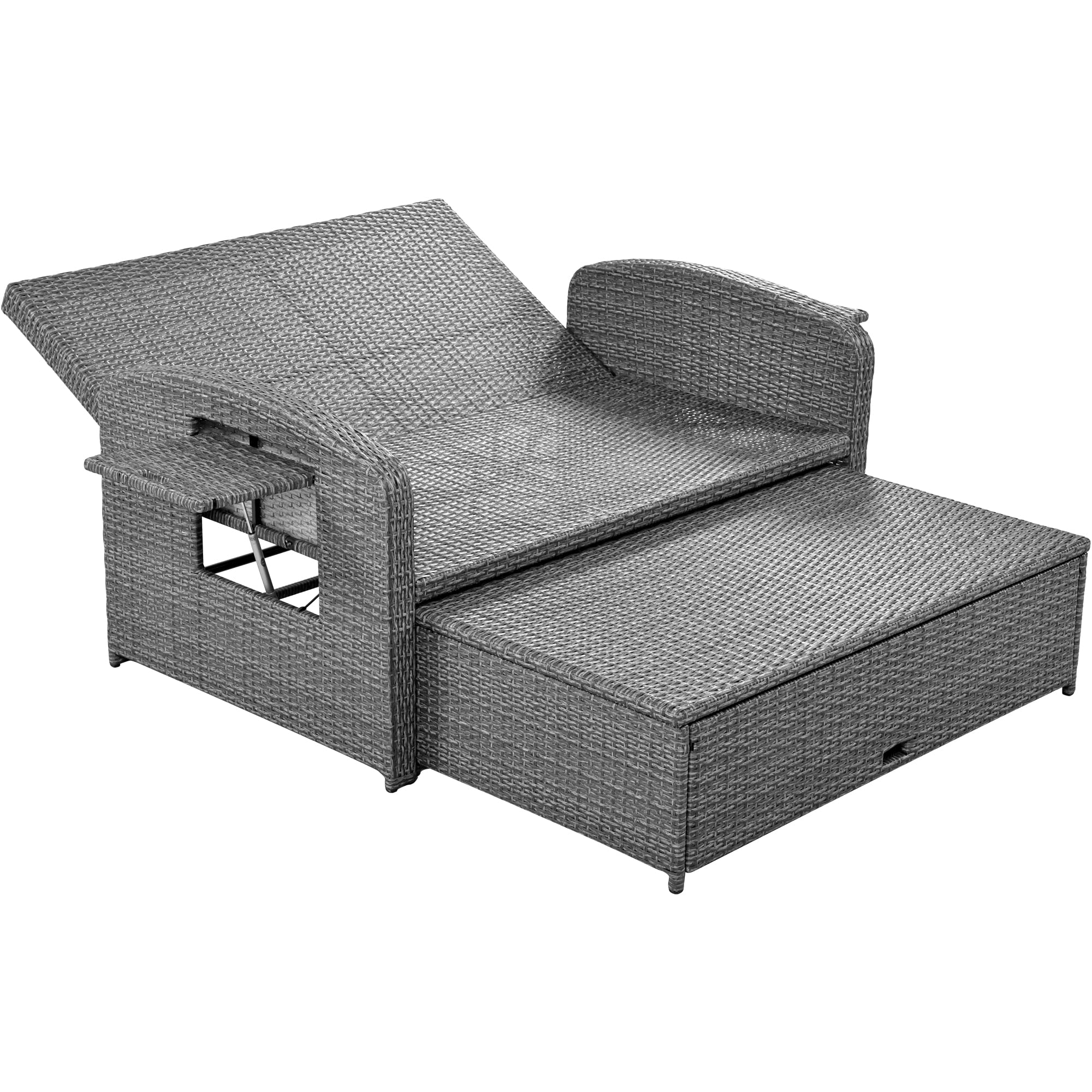 Outdoor Rattan Double Chaise Lounge, 2-Person Reclining Daybed with Adjustable Back and Cup Tray, Sunbed for Garden Yard Patio (White/2-Person)