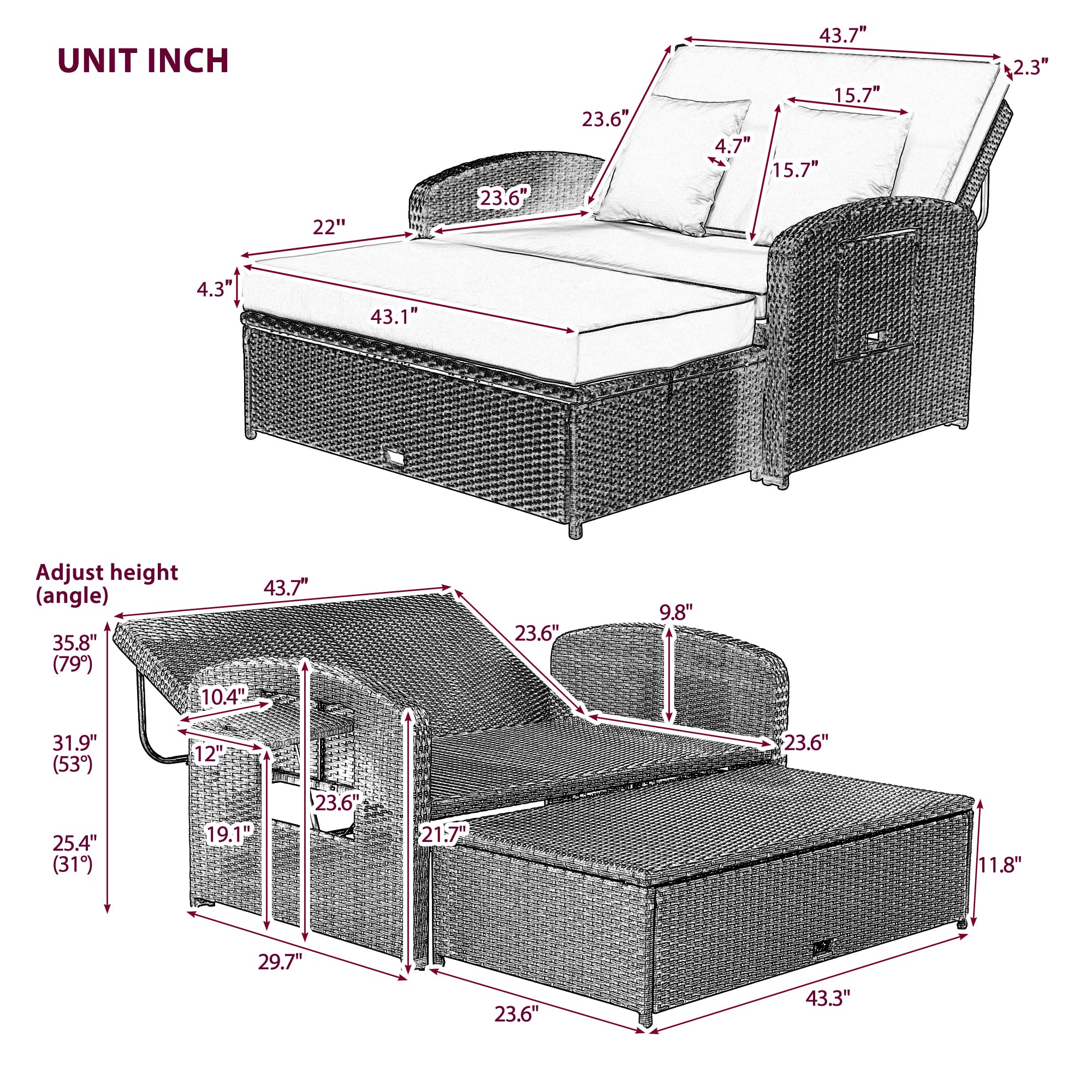 Outdoor Rattan Double Chaise Lounge, 2-Person Reclining Daybed with Adjustable Back and Cup Tray, Sunbed for Garden Yard Patio (White/2-Person)