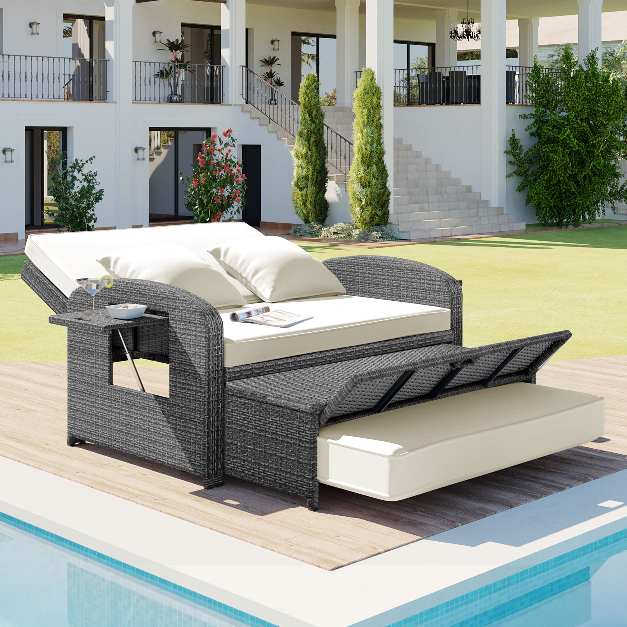 Outdoor Rattan Double Chaise Lounge, 2-Person Reclining Daybed with Adjustable Back and Cup Tray, Sunbed for Garden Yard Patio (White/2-Person)