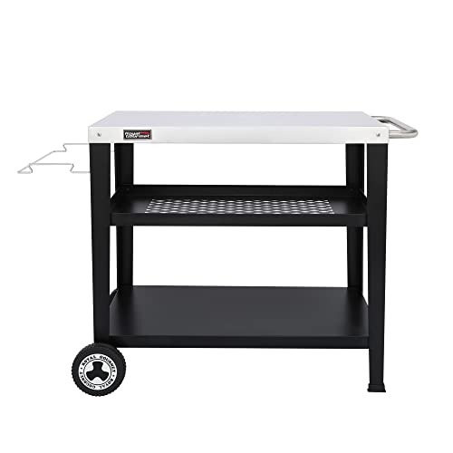 Royal Gourmet PC3404S Rolling Dining Table with Trash Bag Holder, Outdoor Garden Patio BBQ Kitchen Food Prep Table Cart, 34"L x 20"W Stainless Steel Tabletop, Silver & Black