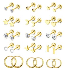 florideco small tiny stud earrings for women men hypoallergenic flat back earrings 14k gold plated surgical stainless steel earrings sets screw back cartilage earrings