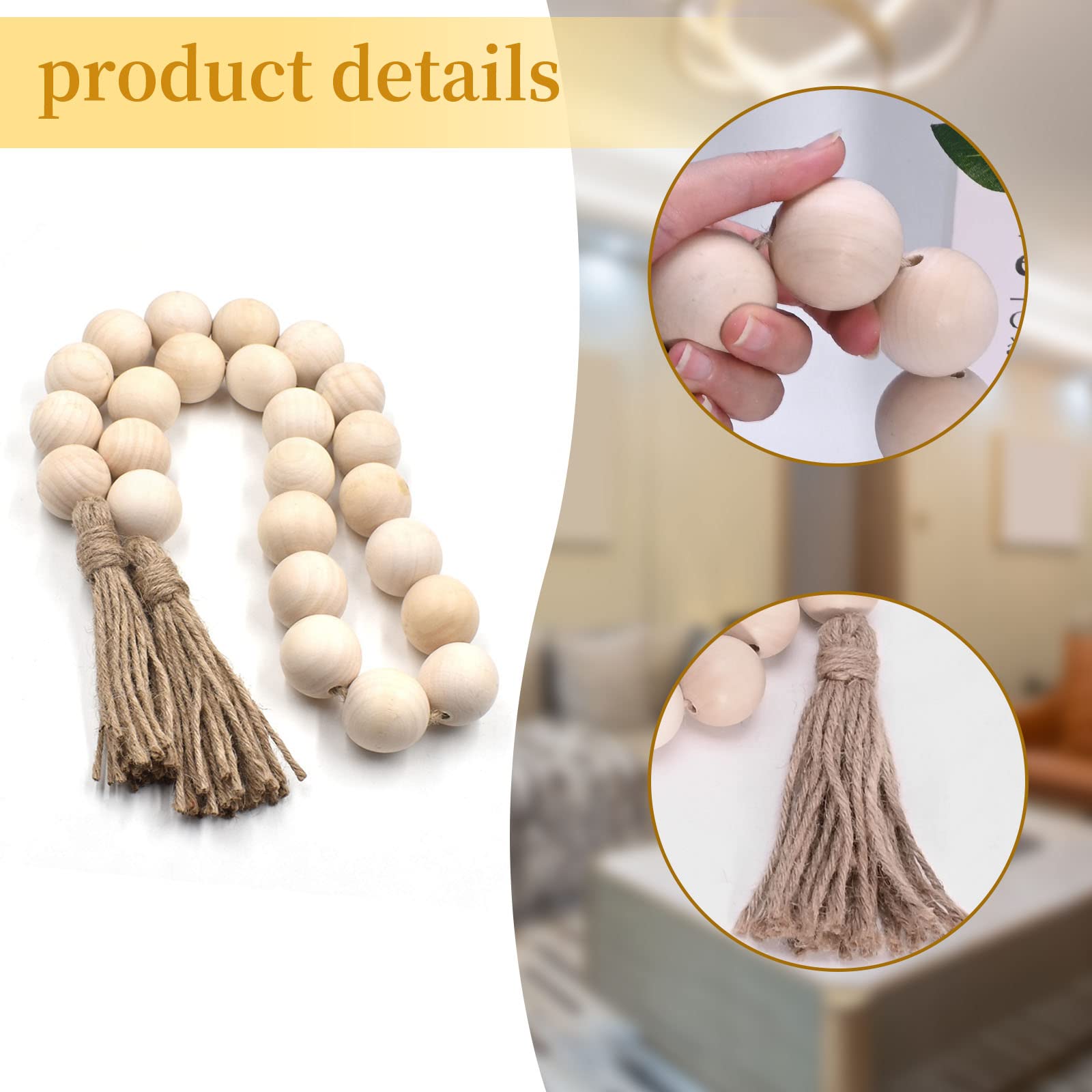 Momiuchear Decorative Wooden Beads 1.6" Diameter Wood Bead Garland with Tassels Boho Decorative Beads Bead Garland Decor for Farmhouse Decor, Coffee Table, Book Stack (Wood)