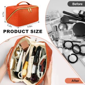 AURUZA Travel Cosmetic Bag,Large Capacity Makeup Bag With Handle and Divider Flat Lay Makeup Organizer Bag, Portable Toiletry Bag,Makeup Storage Bag,Makeup Brush Bag for Women (Orange)