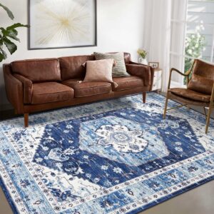 rugsreal area rug 8x10 washable rug vintage floral rug large rug non-slip non-shedding low-pile indoor soft rugs foldable rugs for living room bedroom office, 8x10 blue