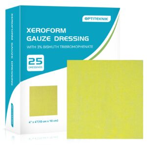 optiteknik xeroform petrolatum dressing 4"x4" pack of 25, non-adherent occlusive fine mesh gauze pad, gentle patch for burns, laceration, surgical incisions & skin grafts