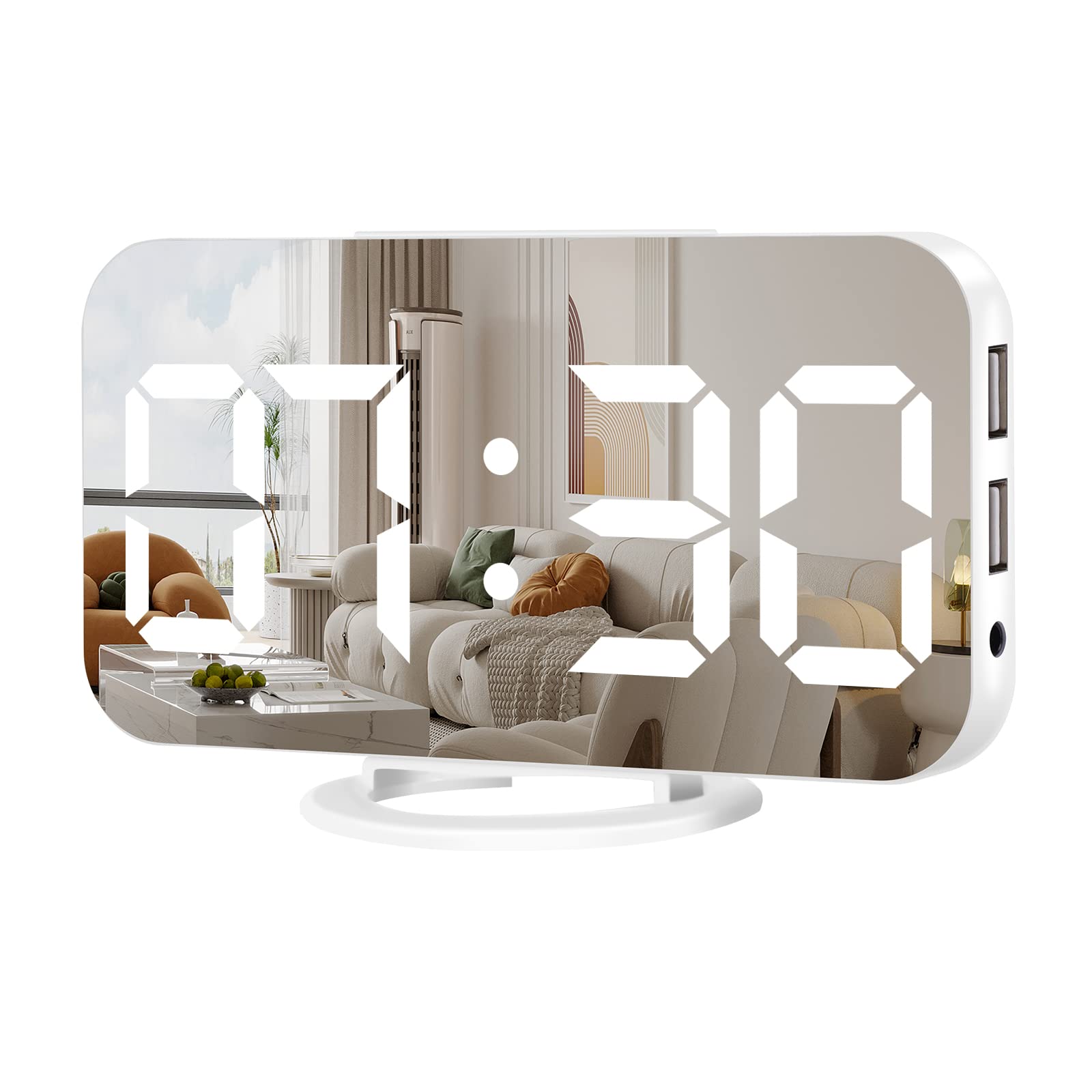 Muoigoe Digital Alarm Clock,Large Display LED And Mirror Desk Clock With Dual USB Charger Ports, 3 Levels Brightness,12/24H Alarm Clocks, Modern Electronic Clock for Bedroom Living Room Office - White