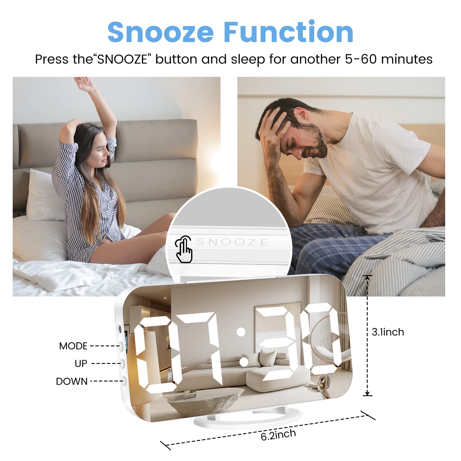 Muoigoe Digital Alarm Clock,Large Display LED And Mirror Desk Clock With Dual USB Charger Ports, 3 Levels Brightness,12/24H Alarm Clocks, Modern Electronic Clock for Bedroom Living Room Office - White