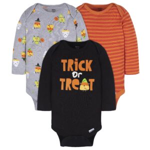 gerber baby 3-pack holiday long-sleeve onesies, trick or treat, 12 months