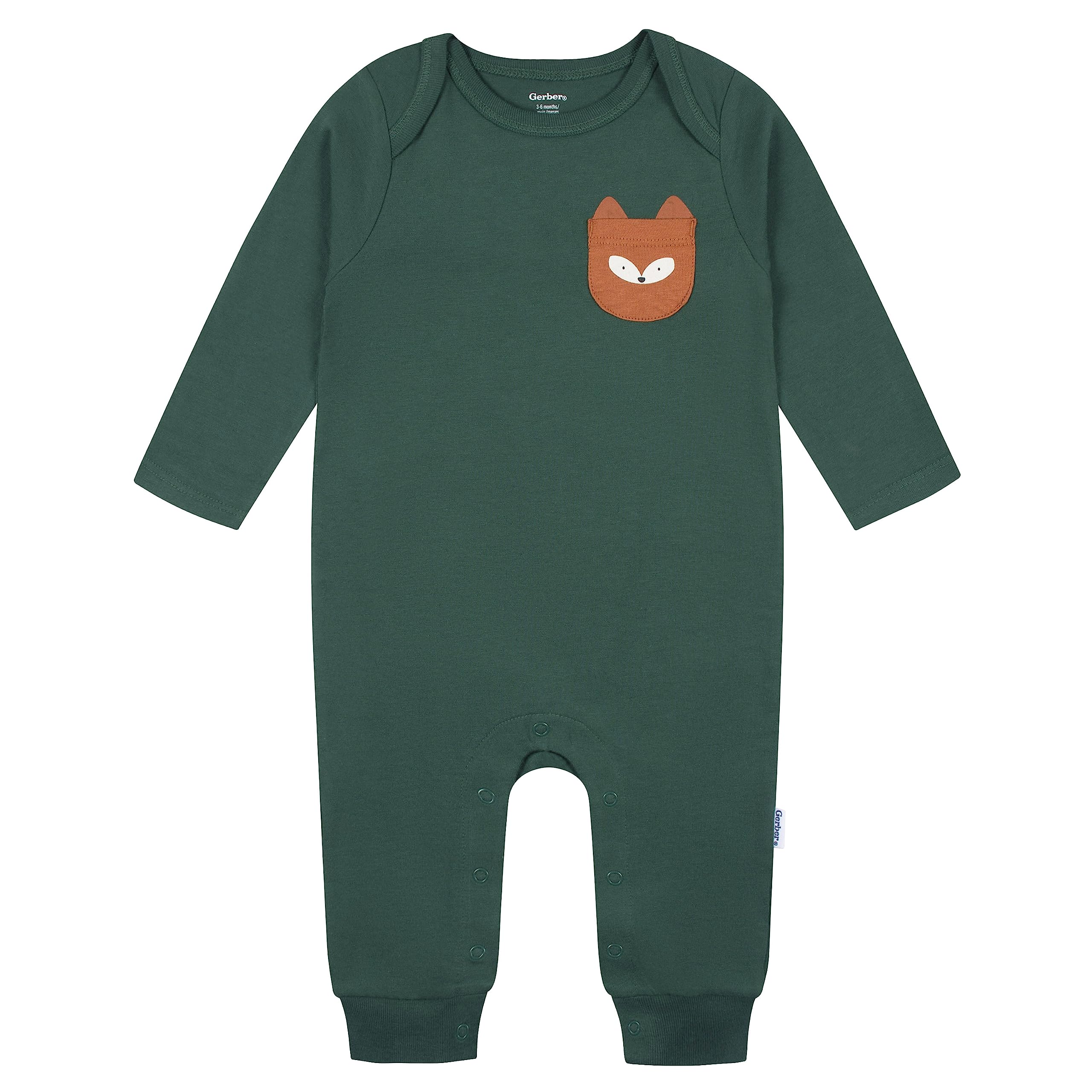 Gerber Baby Boys' 2-Pack Long Sleeve Jumpsuit, Green Fox, Newborn