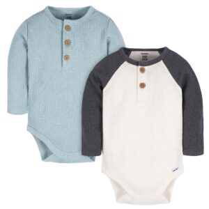 gerber baby boy's 2-pack long sleeve henley onesies, blue and ivory