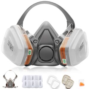 ougulie reusable respirator mask full set with 10 filters, organic vapor cartridges to protect against particulate, dust, fumes, chemicals while painting, spraying,cleaning