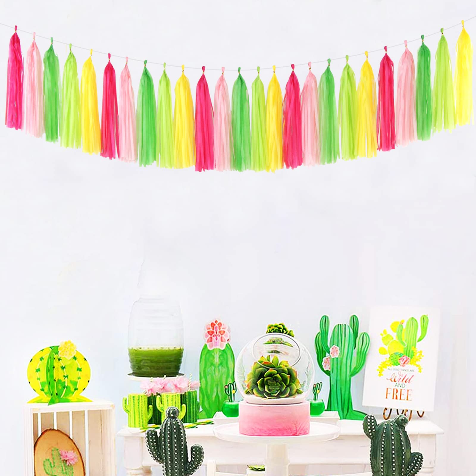 Hawaiian-Themed Pool Party-Decorations Tassel Garland - 25pcs Tropical Jungle Aloha Birthday Streamers,Pink Rose Yellow Green Summer Beach Baby Shower Tassels Banner Backdrop Decor Panduola