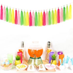 Hawaiian-Themed Pool Party-Decorations Tassel Garland - 25pcs Tropical Jungle Aloha Birthday Streamers,Pink Rose Yellow Green Summer Beach Baby Shower Tassels Banner Backdrop Decor Panduola