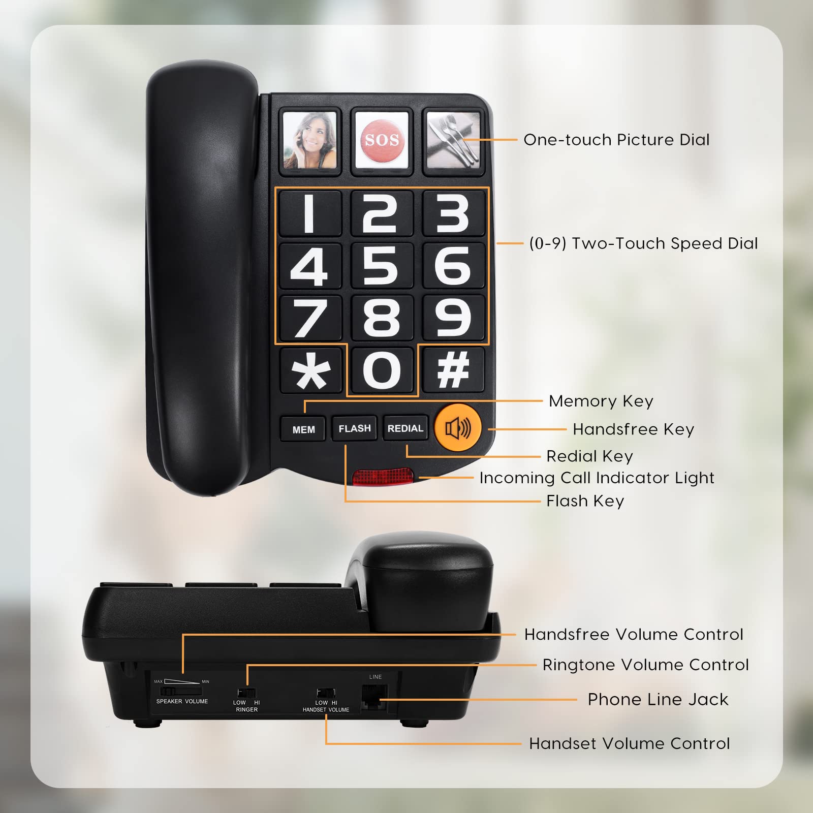 Landline Phones for Seniors, Corded Phone with Photo Memory, One-Touch Dialing, Big Buttons, Flashing Alerts, Hands-Free for Hearing Impaired(Black)