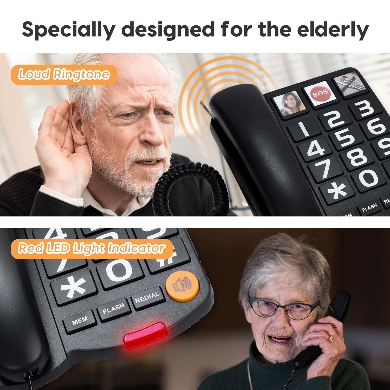 Landline Phones for Seniors, Corded Phone with Photo Memory, One-Touch Dialing, Big Buttons, Flashing Alerts, Hands-Free for Hearing Impaired(Black)