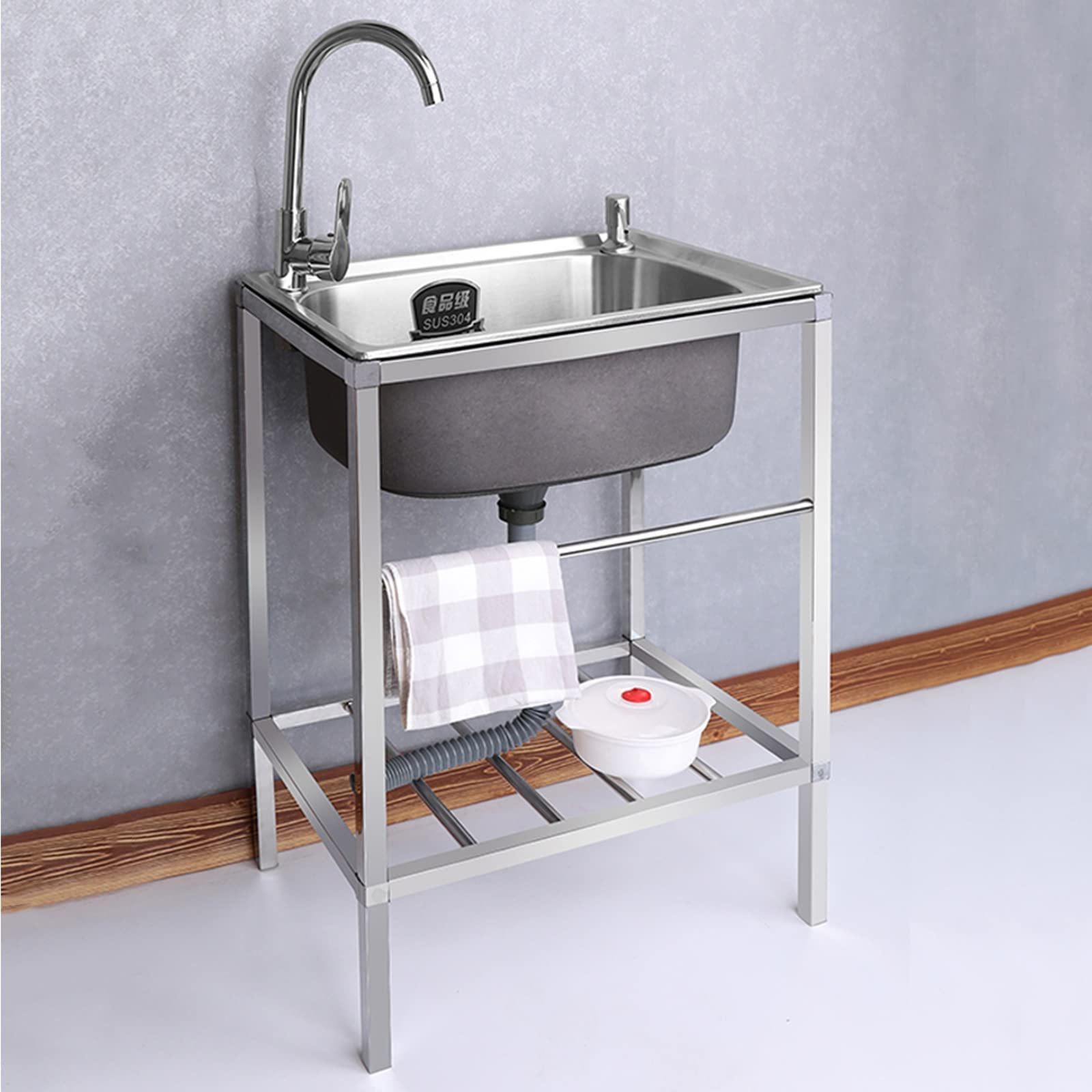 Stainless Steel Single Bowl Kitchen Sink with Stand Free Standing Commercial Restaurant Utility Washing Station Hand Basin Sink Set with Hot Cold Faucet for Laundry Backyard Garage Outdoor (Color : H