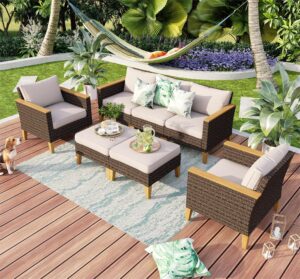 mfstudio 7 piece wicker patio furniture set, 2 x single chair, 2 x ottoman, 3-seat sofa, all-weather outdoor pe rattan patio conversation set for garden, backyard(beige cushions)