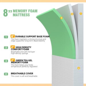 PayLessHere 8 inch Memory Foam Mattress Cooling Gel Green Tea Infused Mattress,Fiberglass Free,CertiPUR-US Certified,Breathable Bed Mattress for Cooler Sleep Supportive,White Queen