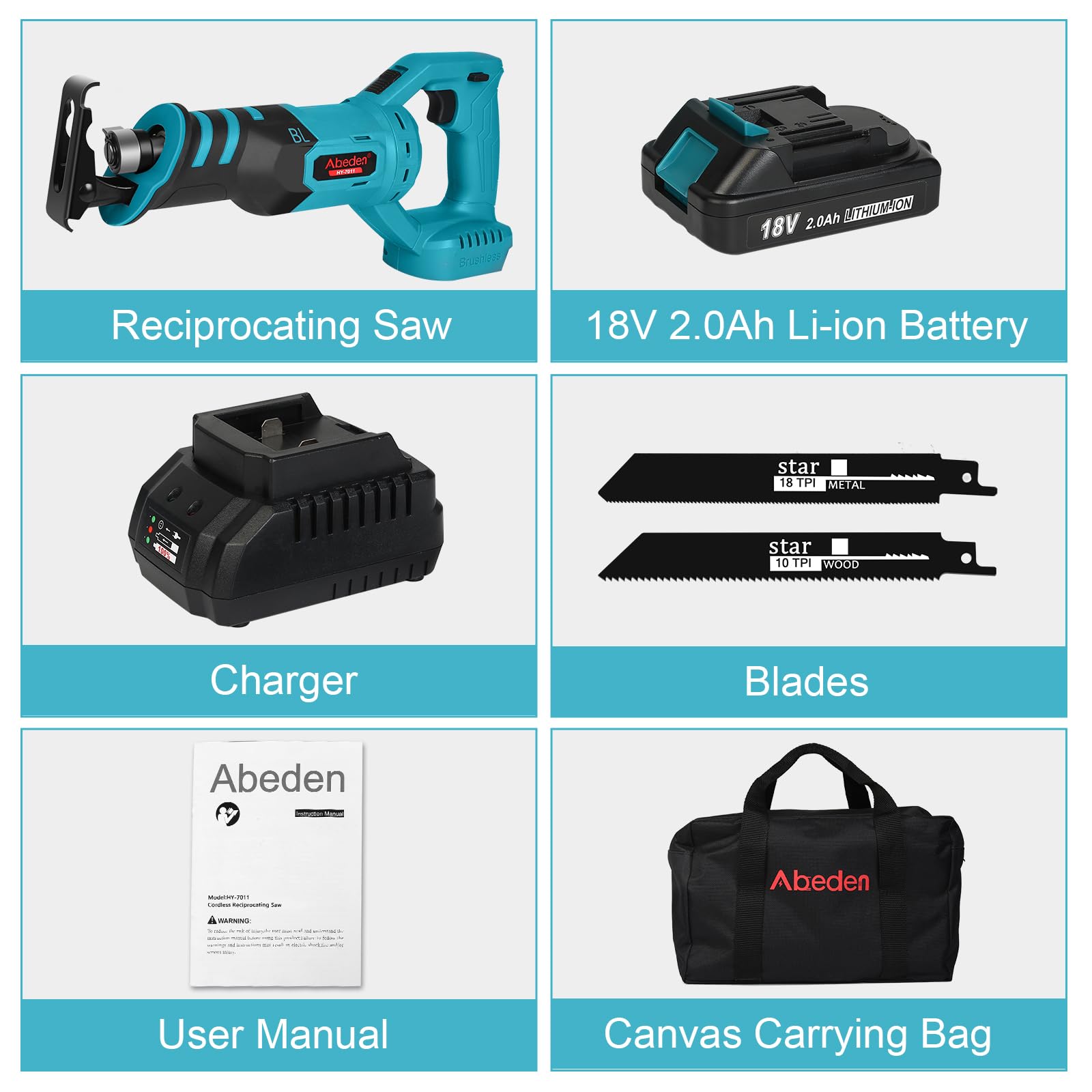 Cordless Reciprocating Saw Kit with 18V 2.0Ah Li-ion Battery and Charger,Electric Battery Powered Saw for Wood/Metal/PVC Pipe Cutting