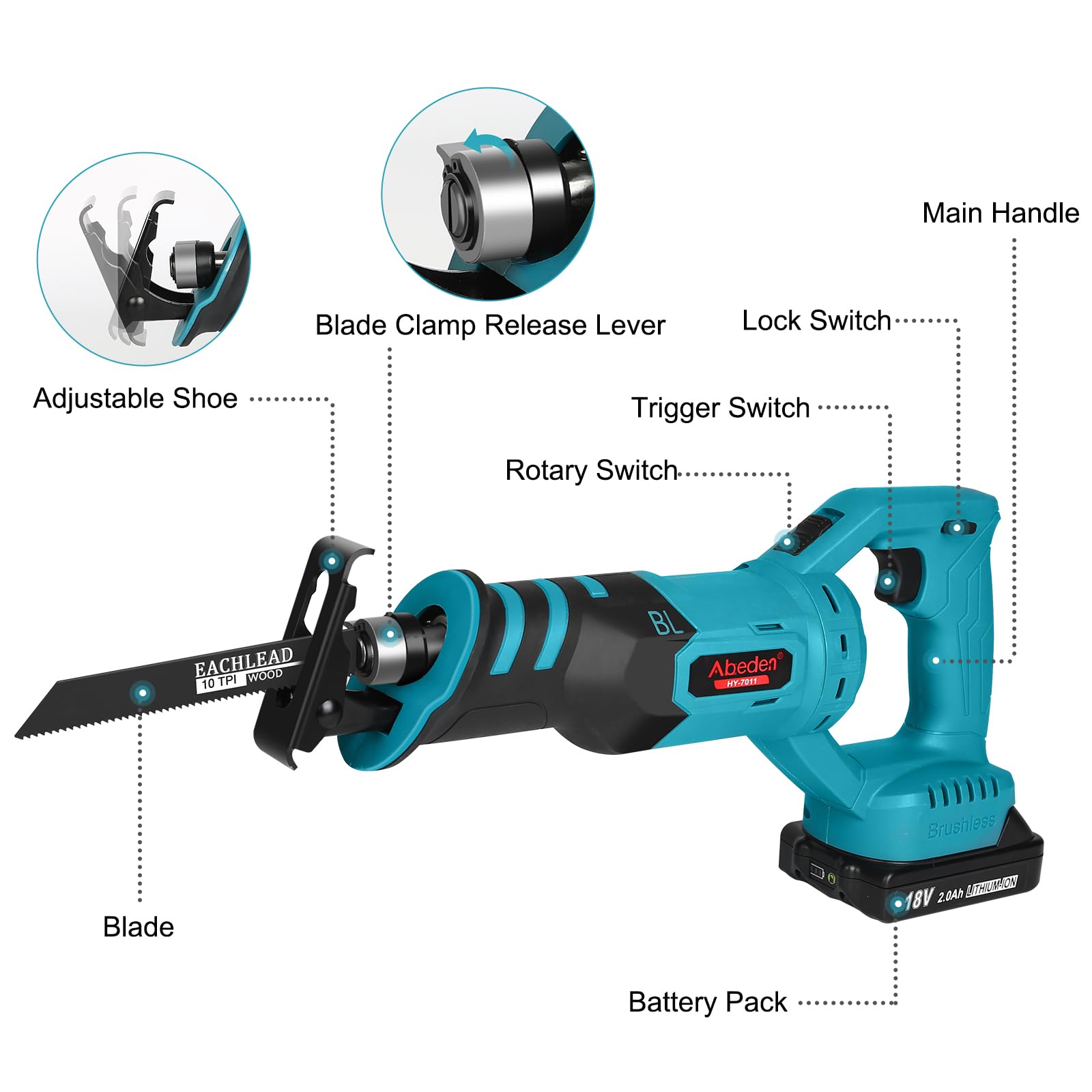 Cordless Reciprocating Saw Kit with 18V 2.0Ah Li-ion Battery and Charger,Electric Battery Powered Saw for Wood/Metal/PVC Pipe Cutting