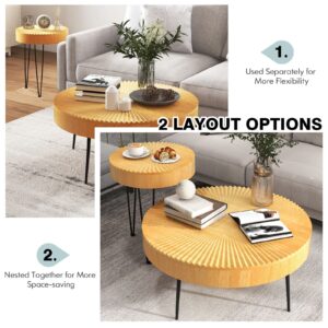 GOFLAME Round Coffee Table Set of 2, Modern Farmhouse End Tables with Natural Finish, Aesthetic Line Design, Solid Wood Nesting Side Tables for Living Room, Bedroom, Easy Assembly