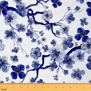 flowers plant fabric by the yard blue peach blossom floral diy sewing craft hobby fabric by the yard spring theme watercolor decorative fabric for upholstery and home accents,2 yard