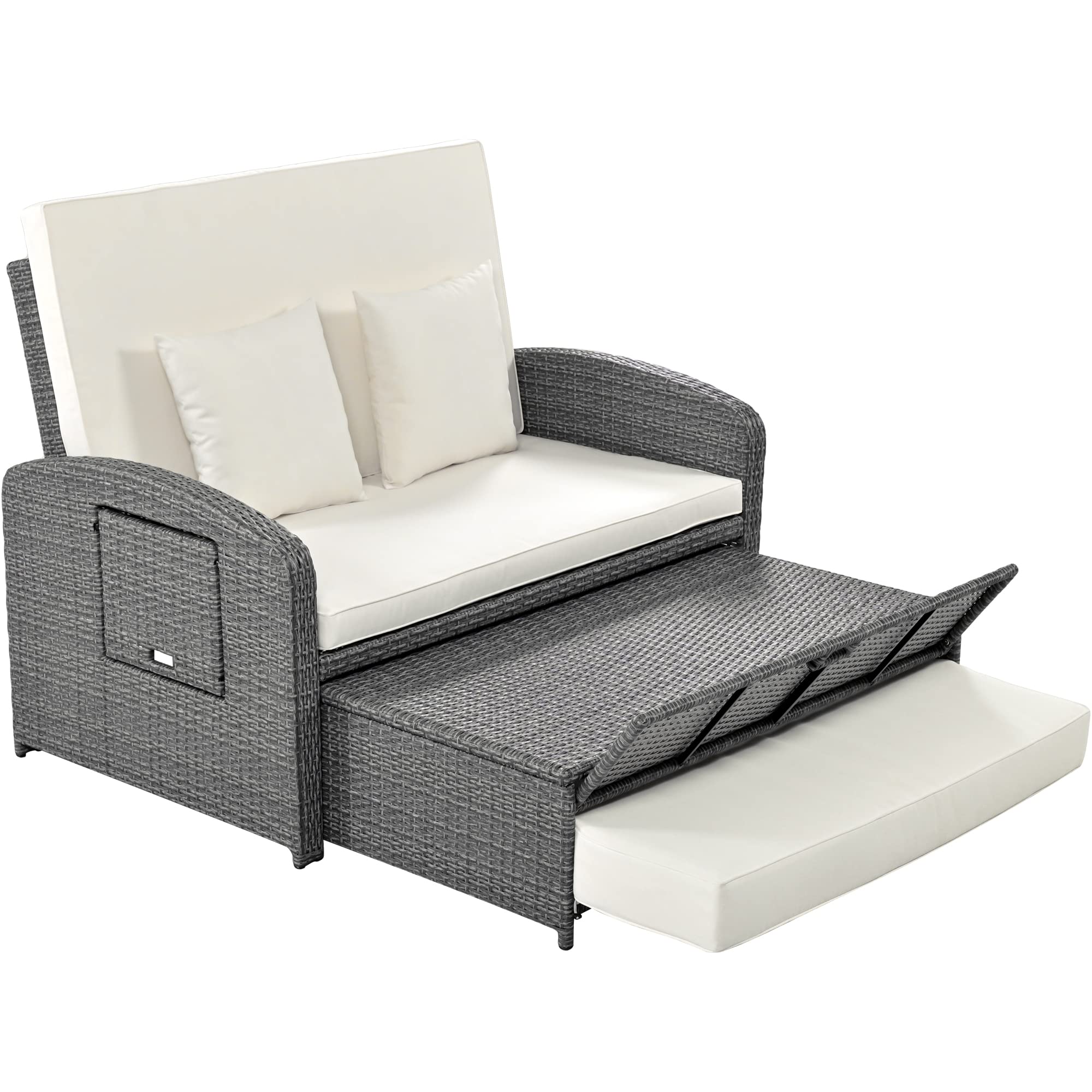 VilroCaz Outdoor PE Wicker Sunbed Rattan Double Chaise Lounge with 3-Height Adjustable Back and Foldable Side Tables, All Weather Patio 2-Person Reclining Daybed Conversations Set (White-6)