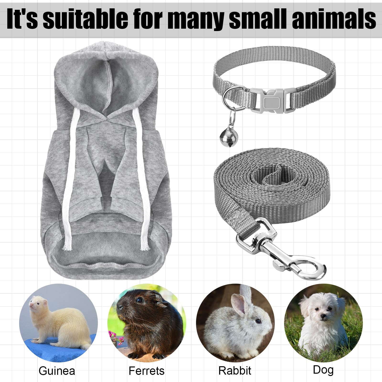 Foaincore 6 Pcs Ferret Clothes Accessories, Include Ferret Harness and Leash Set Safe Ferret Collar Bell Small Soft Ferret Sweatshirt for Guinea Pig Hamster Chinchilla Teacup Chihuahua, Grey and Red