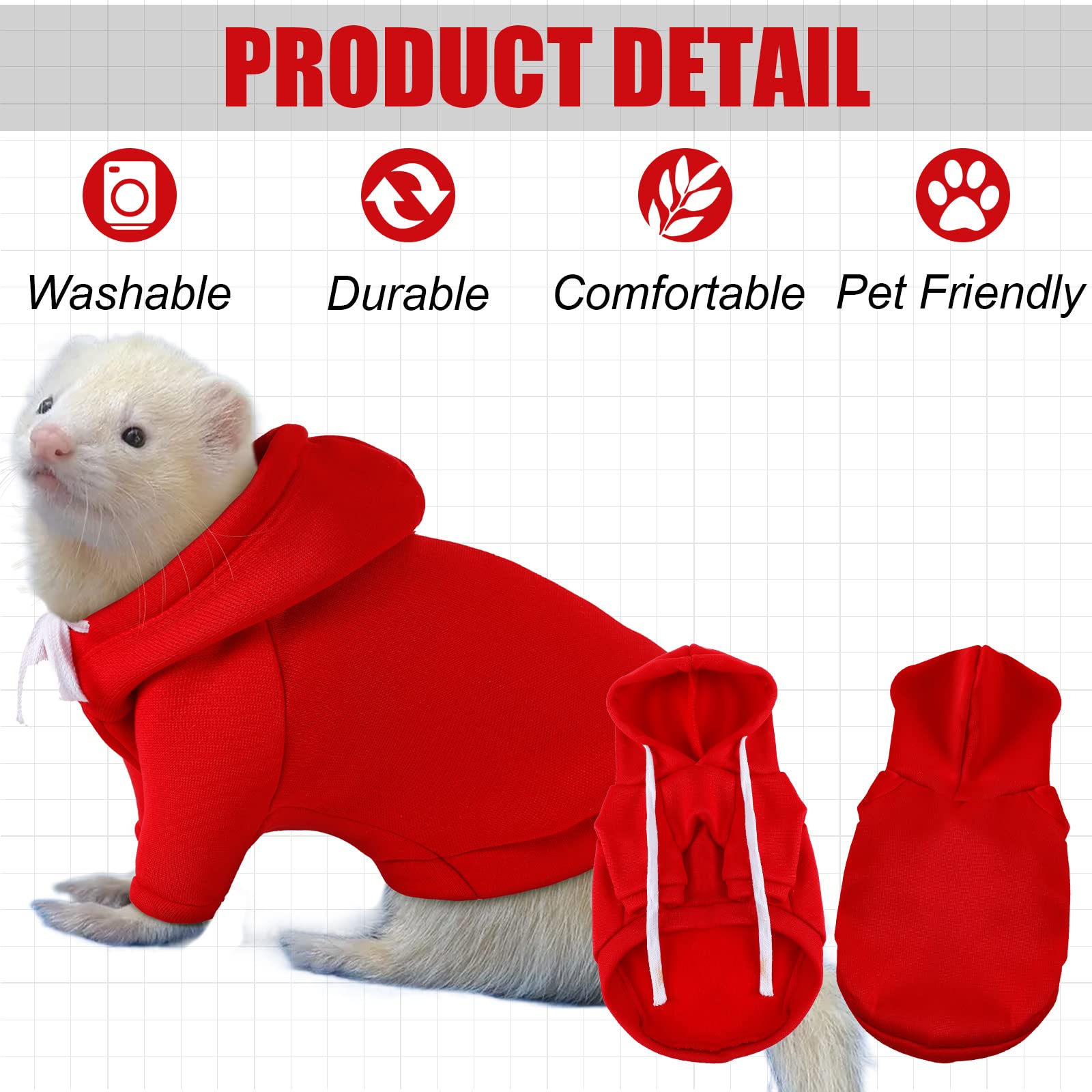 Foaincore 6 Pcs Ferret Clothes Accessories, Include Ferret Harness and Leash Set Safe Ferret Collar Bell Small Soft Ferret Sweatshirt for Guinea Pig Hamster Chinchilla Teacup Chihuahua, Grey and Red