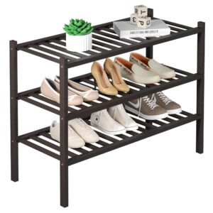 romguar craft 3 tier bamboo shoe rack for closet free standing wood shoe shelf for entryway small space stackable 27"x11"x20" (brown)