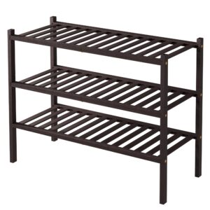 ROMGUAR CRAFT 3 Tier Bamboo Shoe Rack for Closet Free Standing Wood Shoe Shelf for Entryway Small Space Stackable 27"x11"x20" (Brown)