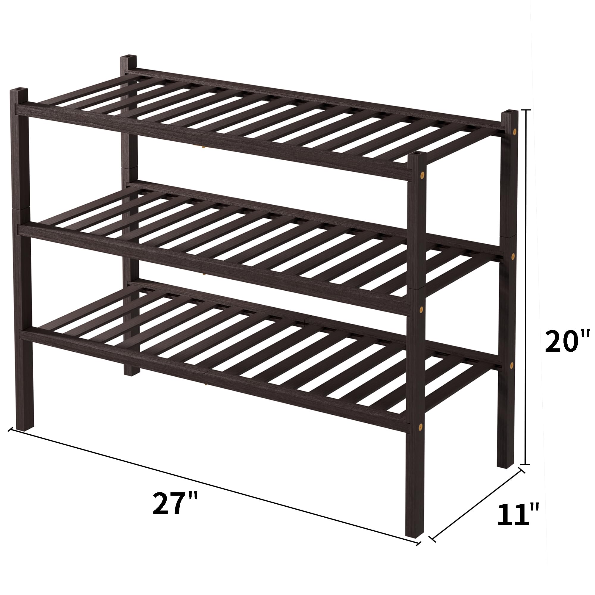 ROMGUAR CRAFT 3 Tier Bamboo Shoe Rack for Closet Free Standing Wood Shoe Shelf for Entryway Small Space Stackable 27"x11"x20" (Brown)